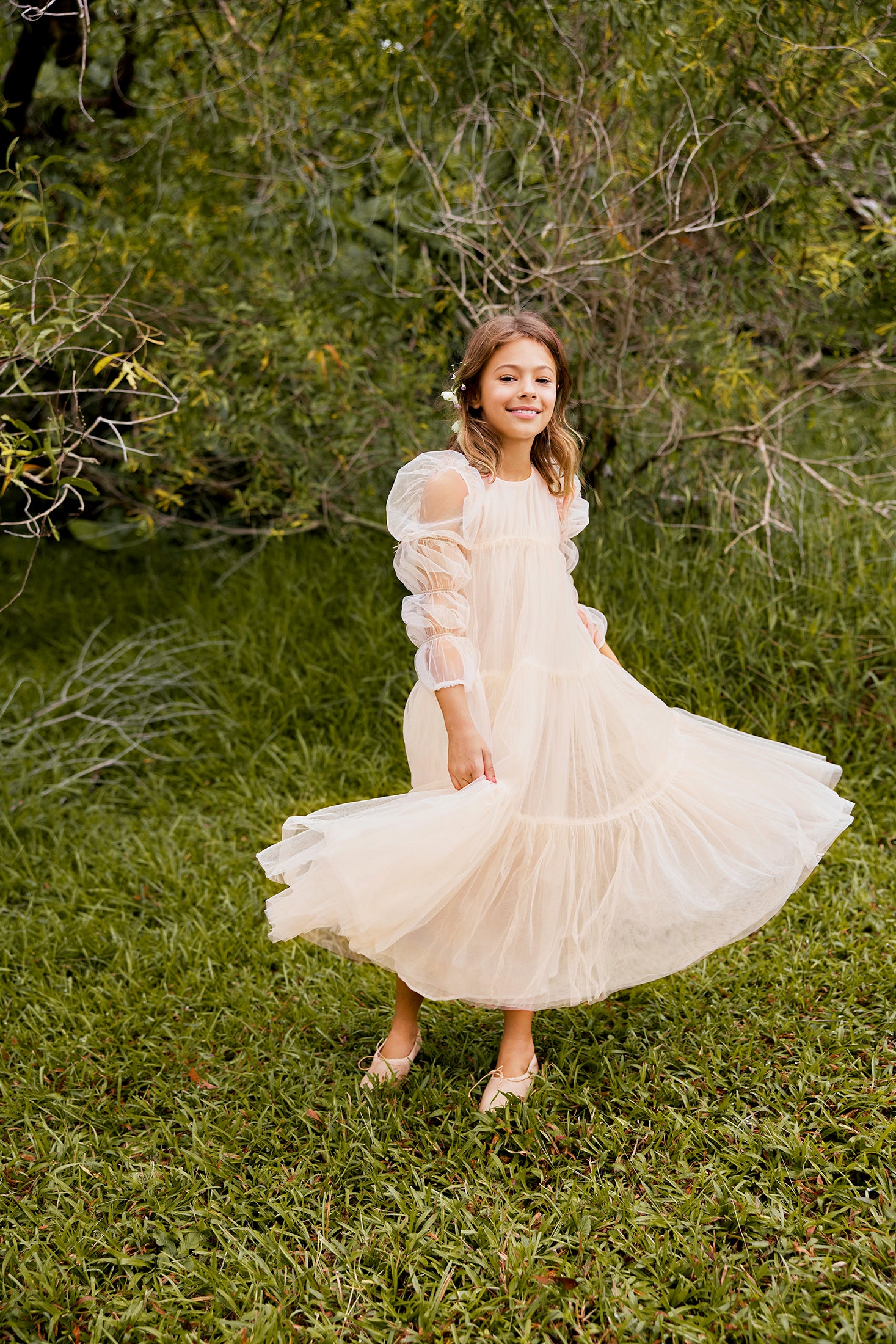 Allison Dress | Maxi pink tulle flower girl dress with puff sleeves ...