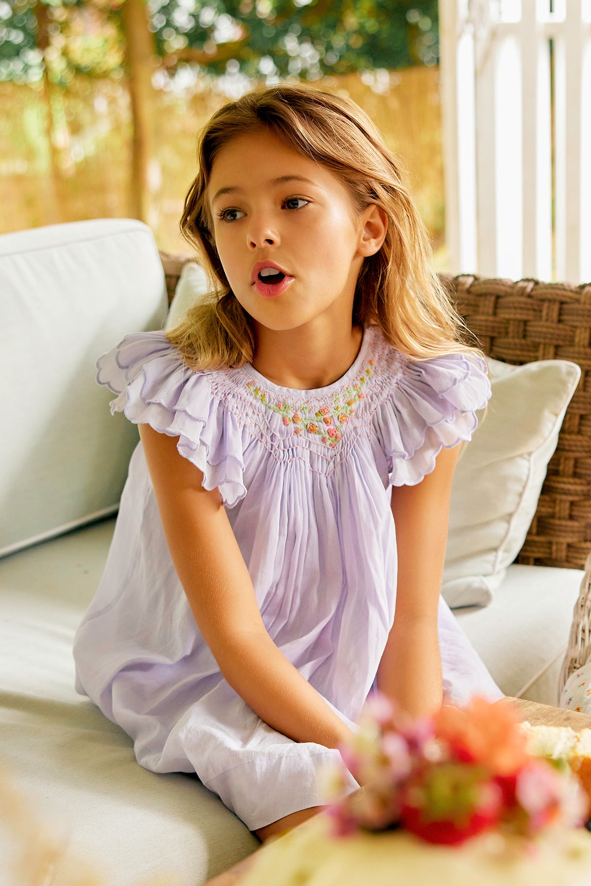 Teagan Dress | Above knee purple cotton birthday dress with smocking ...